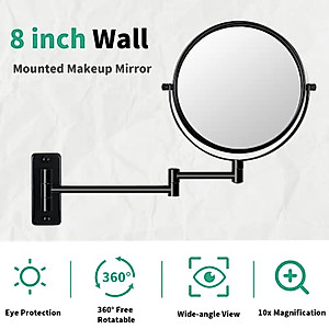 yinjupu Wall Mounted Makeup Mirror - 8-inch Double-Sided Magnifying Mirror with 360-Degree Rotation and Telescopic Lighting for Home Bathroom Shaving Vanity (Black)