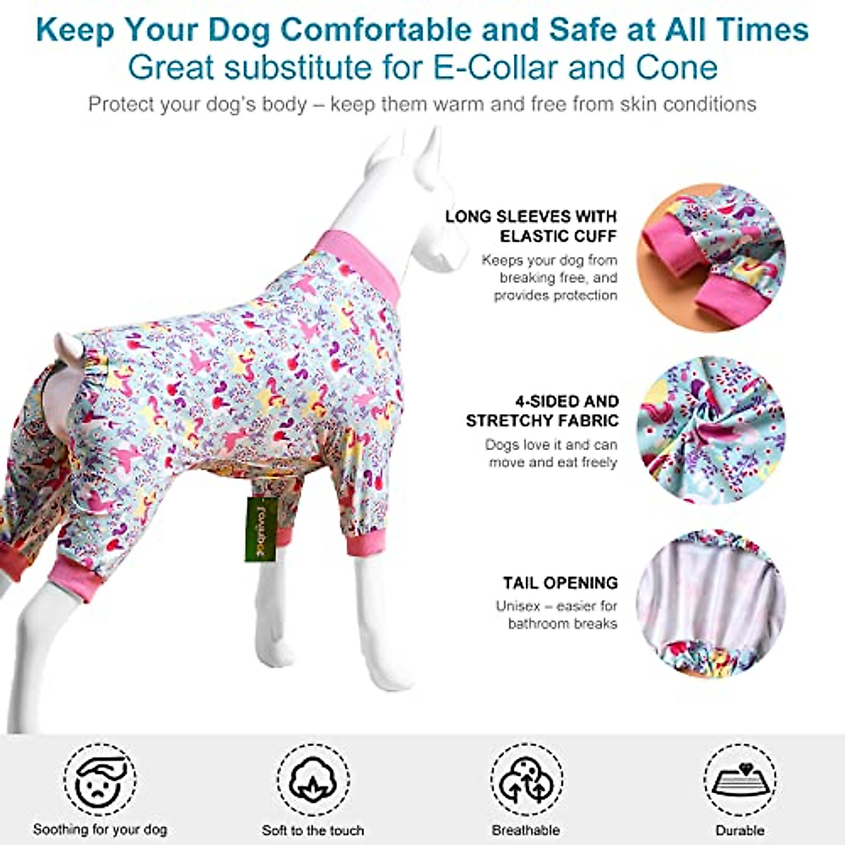 LovinPet Pitbull Dog Pajamas,Large Dog Clothes Dog Pajamas, Wound Care/Post Surgery Dog Clothes, Lightweight Stretchy Dog Pajamas, Large Dog Shirt, Seafoam Unicorn Print,Large Dog Jammies Pet PJ's/XL