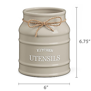 Barnyard Designs Ceramic Farmhouse Utensil Holder for Kitchen Counter, Large Rustic Utensil Crock, Countertop Cooking Tool Spatula Organizer, 6.75” (Taupe)