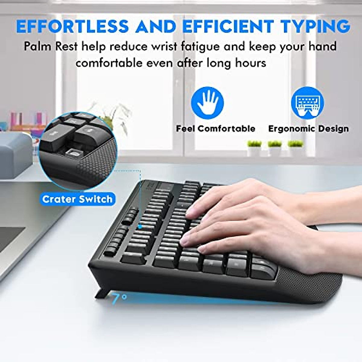 Wireless Keyboard and Mouse Combo, E-YOOSO 2.4GHz Full-Sized Ergonomic Wireless Keyboard with Wrist Rest, 3 DPI Adjustable and 6 Buttons Cordless USB Mouse for Computer, Laptop, PC, Windows (Black)