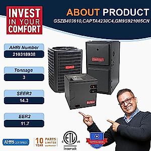 Goodman 3 Ton 14.3 SEER2 Single Stage Heat Pump GSZB403610 and 100,000 BTU 92% AFUE Multi-Speed Gas Furnace GM9S921005CN Upflow System with CAPTA4230C4