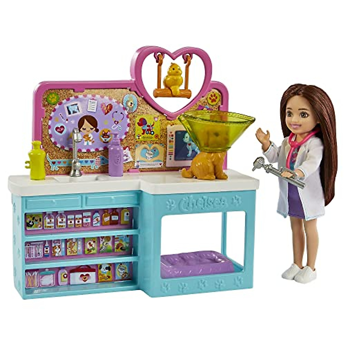 Barbie Chelsea Can Be Doll & Accessories, Pet Vet Playset with Brunette Small Doll, 4 Animals & 18 Pieces
