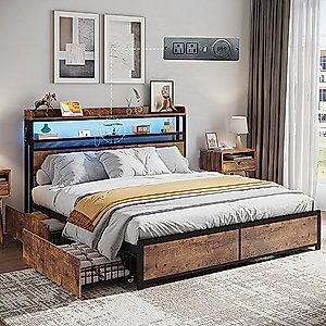 Gyfimoie Full Bed Frame with 4 Storage Drawers, LED Bed Frame with Wireless Charging & Outlets & USB & Type-C Port, Metal Platform Bed Frame with 2-Tier Storage Headboard, No Box Spring Needed(Full)