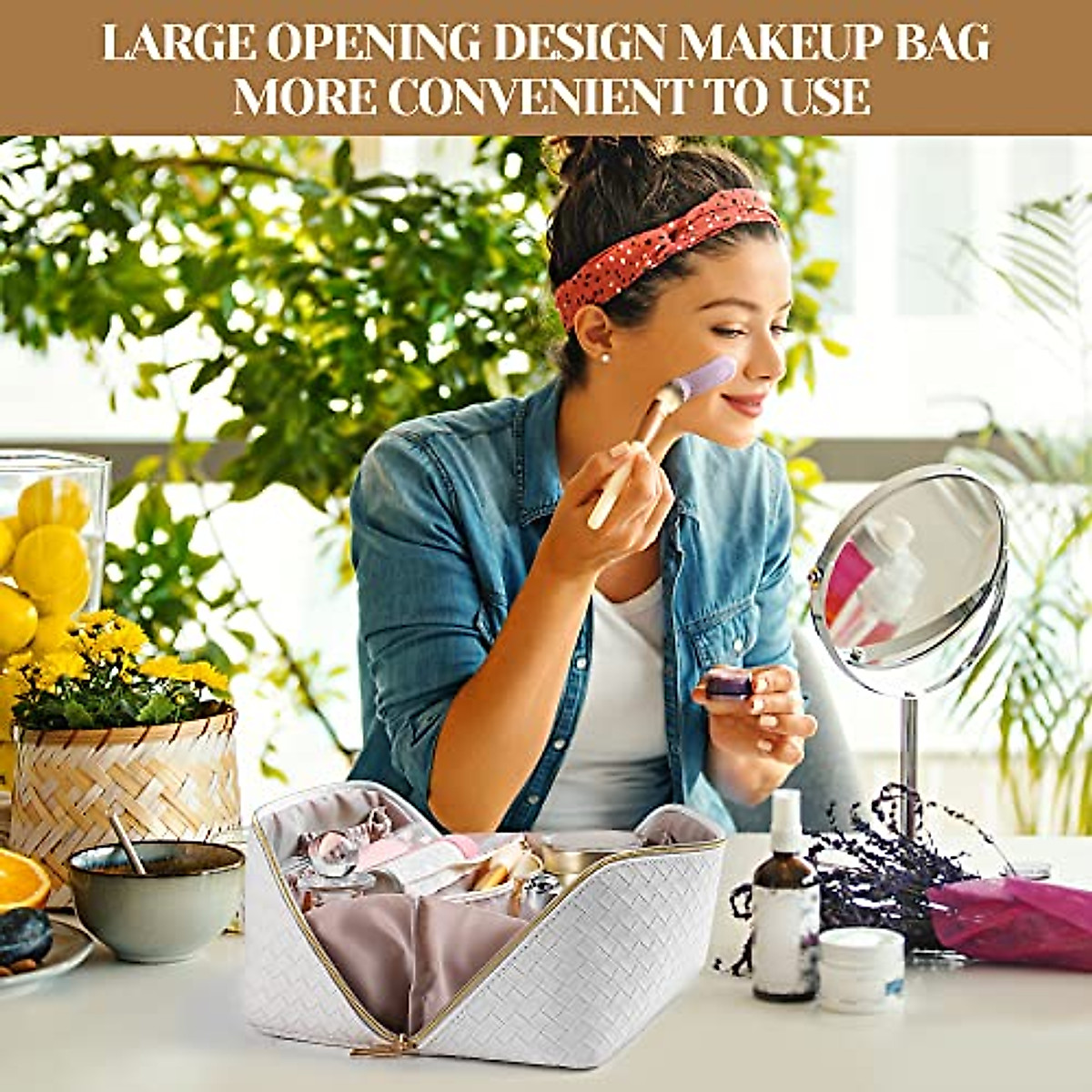 SFXULIX Large Capacity Travel Cosmetic Bag - Makeup Bag, PU Leather Waterproof Cosmetic Bag, Women Portable Travel Makeup Bag With Handle and Divider Flat Lay Makeup Organizer Bag, White