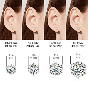 Moissanite Earrings for Women Men, 1ct-4ct DEF Color Lab Created Moissanite Diamond Stud Earrings，925 Sterling Silver earrings, Safety Friction Back (1 Carat/Pair, 6prong)