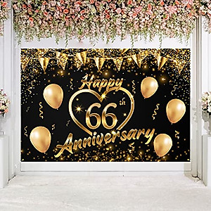 Happy 66th Anniversary Backdrop Banner Decor Black Gold – Glitter Love Heart Happy 66 Years Wedding Anniversary Party Theme Decorations for Women Men Supplies