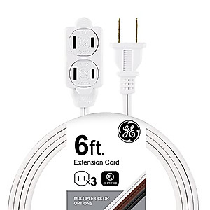 GE home electrical 3-Outlet Power Strip, 6 Ft Extension Cord, 2 Prong, 16 Gauge, Twist-to-Close Safety Outlet Covers, Indoor Rated, Perfect for Home, Office or Kitchen, UL Listed, White, 51937