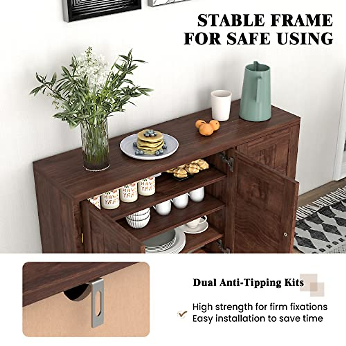 Giantex Buffet Cabinet Kitchen Storage Cupboard - 3 Door Sideboard with Adjustable Shelves, Cable Management Holes, Anti-Tipping Kits, Coffee Bar Console Cabinet for Living Room (Brown)