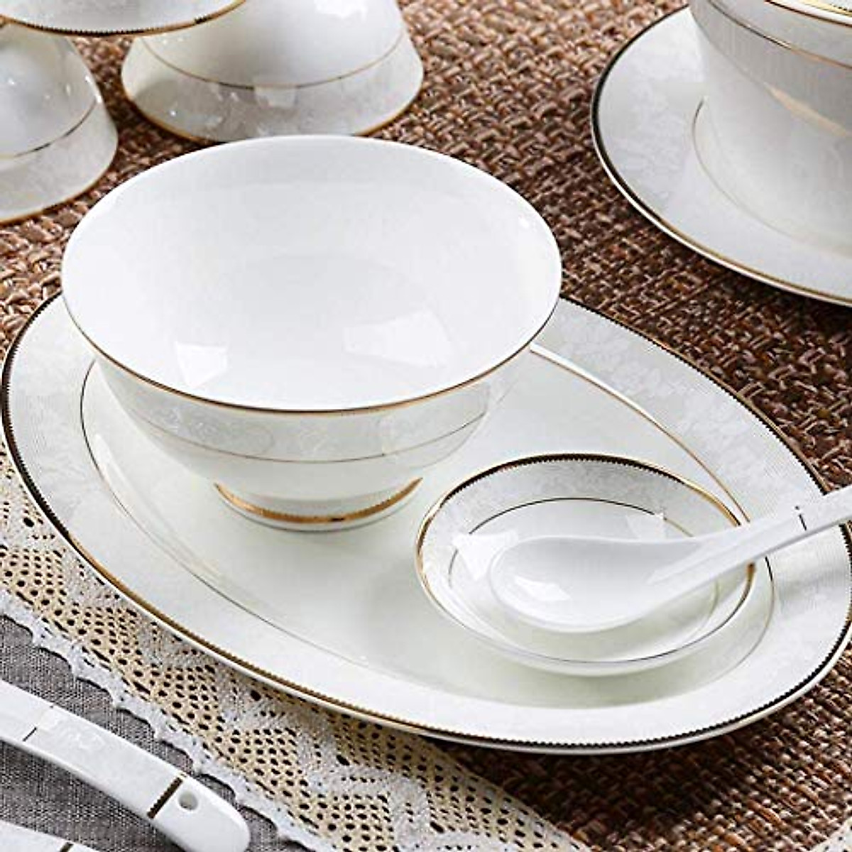 GagalU Dinnerware Set,52 Pieces Ceramics Phnom Penh Plates Bowls Combination Bone China Embossed Pattern Dinnerware Set for Banquet
