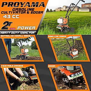 PROYAMA Gas Tiller Cultivator, 43cc 2-Cycle Garden Tiller, 2 in 1 Gas Powered Cultivators with Edger Kit, 4 Steel Tines, 6-12” Adjustable Width, 8” Max Depth