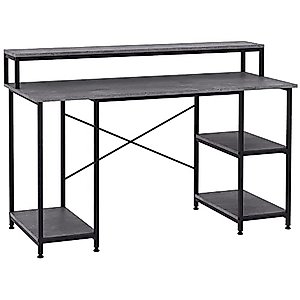 HOMCOM 55 Inch Home Office Computer Desk Study Writing Workstation with Storage Shelves, Elevated Monitor Shelf, CPU Stand, Durable X-Shaped Construction, Grey Wood Grain