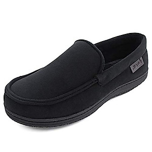 Magtoe Men's Casual Memory Foam Slip On Moccasin Flats Slippers Micro Suede Indoor Outdoor TPR Shoes(11-12,Black)