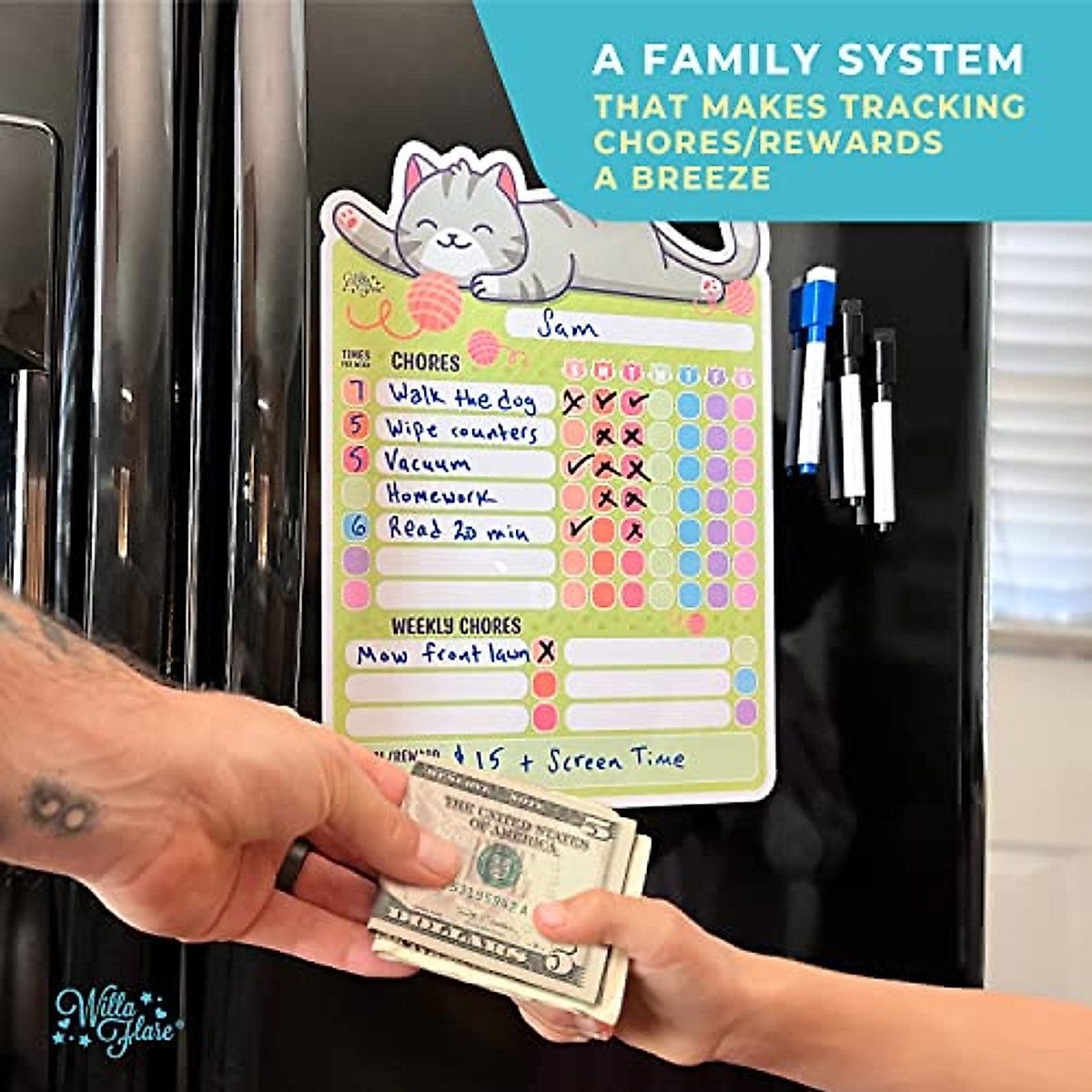Willa Flare Fridge Chore Chart 1 pc | Magnetic Chore Chart For Kids and Adults | Helps to Reward Responsibility with Family Chores Charts | Includes Wet and Dry Erase Markers (Gray Cat)