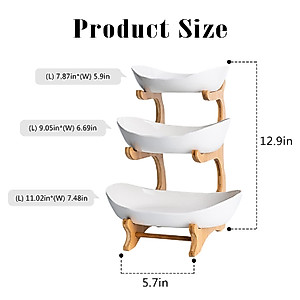 Lmaray Ceramic Fruits Bowls - White 3 Tier Oval Bowl Set with Natural Bamboo Rack, Tiered Ceramic Serving Tray Set for Sushi, Dessert, Fruit, Vegetables, Appetizer, Cake, Candy, Chip Dip (White)