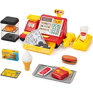 Pretend Play Calculator Cash Register Toy, Supermarket Shop Toys Cashier Registers with Scanner, Microphone, Play Food, Credit Card, Money - Pre-School Gift for Kids, Toddlers, Boys & Girls, Ages 3+