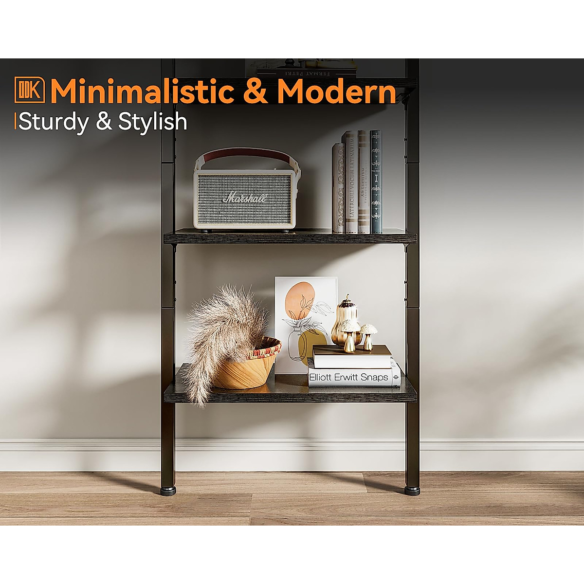 ODK Ladder Shelf, 6 Tier Black Bookshelf, 86 Inch Wall Mounted Book Shelf with Metal Frame, Ladder Bookshelf Bookcase for Bedroom, Home Office and Living Room