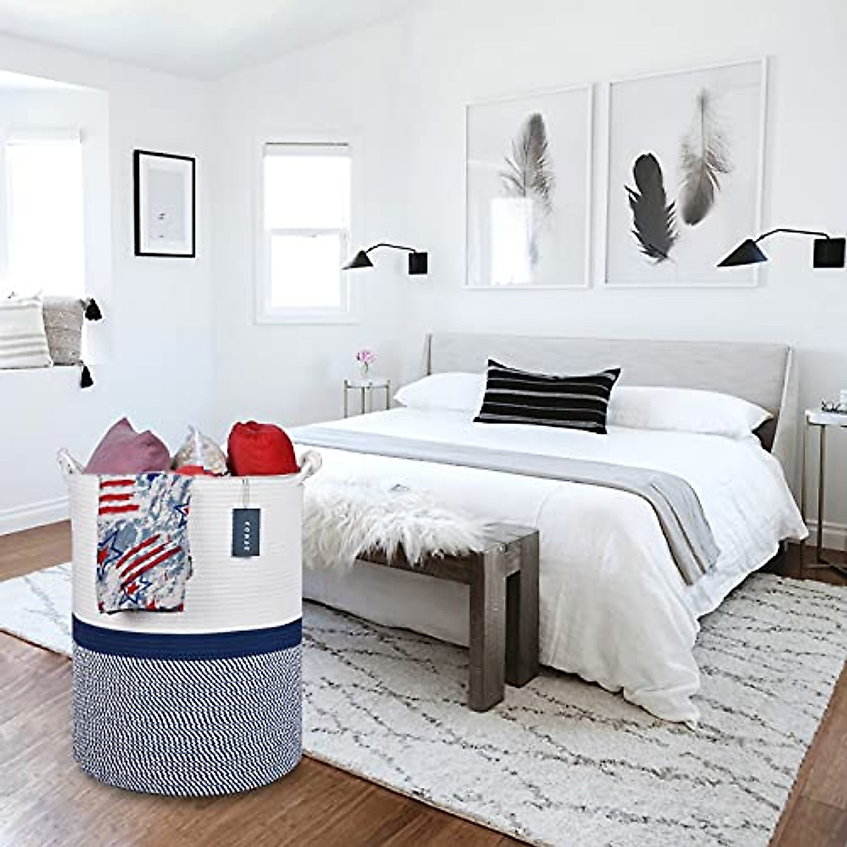 COMSE Extra Large Blanket Basket, Tall Storage Basket, 15.7”x 21.7”, Tall Rope Laundry Basket, Cotton Rope Basket, XXXL Laundry Basket, Toy Basket, Woven Basket, Clothes Baskets, Blend White/Navy Blue