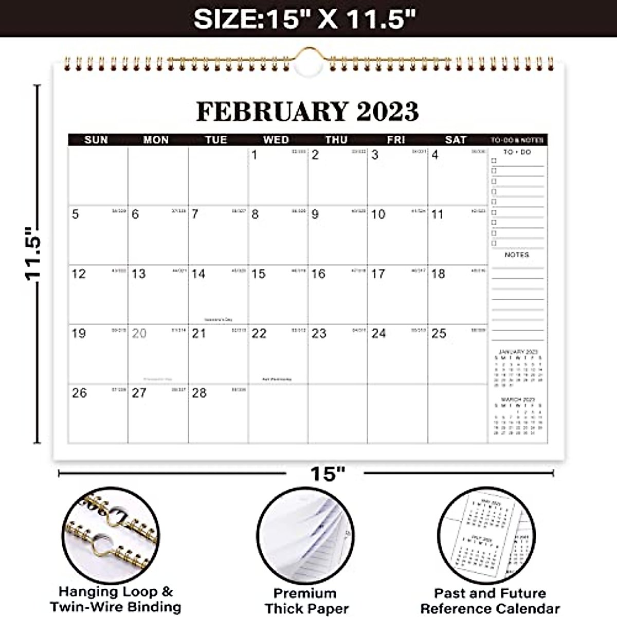 Calendar 2023-2024 - Wall Calendar 2023-2024 with To Do & Notes, 18 Months Wall Calendar from Jan 2023 - Jun 2024,15”x 11.5”, Daily Blocks with Julian Dates, Golden Twin-Wire Binding, Thick Paper Perfect for Organizing & Planning