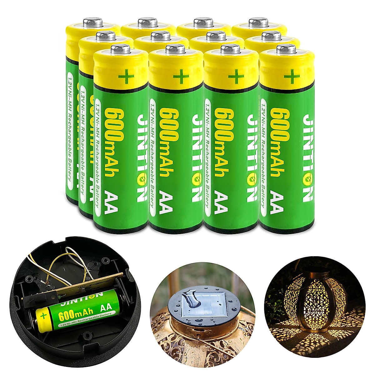 JINTION AA Rechargeable Batteries 600mah High Capacity 1.2V Ni-MH Double a Battery for Outdoor Solar Lights, String Lights, TV Remotes, Wireless Mouses, Flashlight