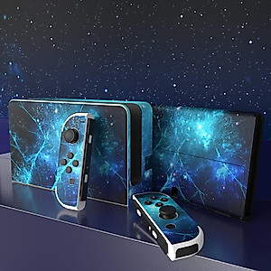 PlayVital Full Set Protective Stickers for Nintendo Switch OLED Model, Customized Vinyl Decal Skins for Switch OLED Console & Joycon & Dock & Grip - Blue Nebula