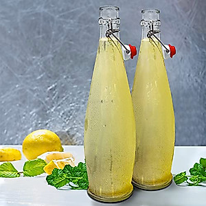 Nevlers Set of 6 | 33 Oz Glass Bottle Set with Swing Top Stoppers and Includes Bottle Brush - Funnel and Gold Glass Marker | Swing Top Glass Bottles | Clear Glass Water Bottle