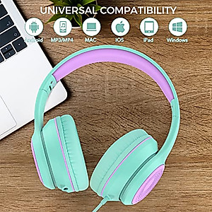 RORSOU K9 Kids Headphones with Microphone, Folding Stereo Bass Headset with 1.5M No-Tangle Cord for Children/Teens/School/Adults, Portable Wired Headphones for Smartphone Tablet Computer MP3/4 (Green)