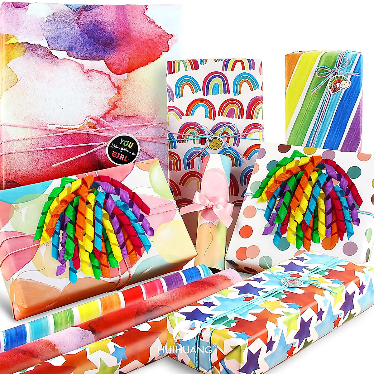 HUIHUANG Curly Ribbon Bow Rainbow Ribbon Gift Wrap Bows Birthday Self Adhesive Bow Stick on Bows for Gift Wrapping Gift Bags Gift Basket Crafting Present Wrap Accessories - 6 Counts X 6 Inch