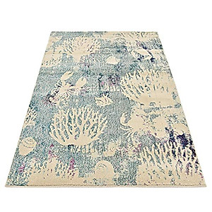 Unique Loom Positano Collection Coastal Modern Coral Lobster Shells Light Blue Area Rug (4' x 6')