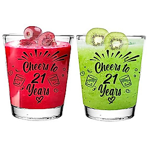 BISYATA 21st Birthday Gift - 21st Birthday Party Decorations for Her or Him - Cheers to 21 Years Shot Glasses Set of 2 - CLEAR 2oz - With Gift Box