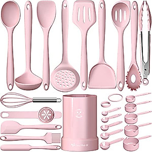 Silicone Cooking Utensils Set- Pink Heat Resistant Kitchen Utensils, Fungun Kitchen Utensil Spatula with Holder, BPA Free Kitchen Gadgets Tools Set for Nonstick Cookware, Dishwasher Safe