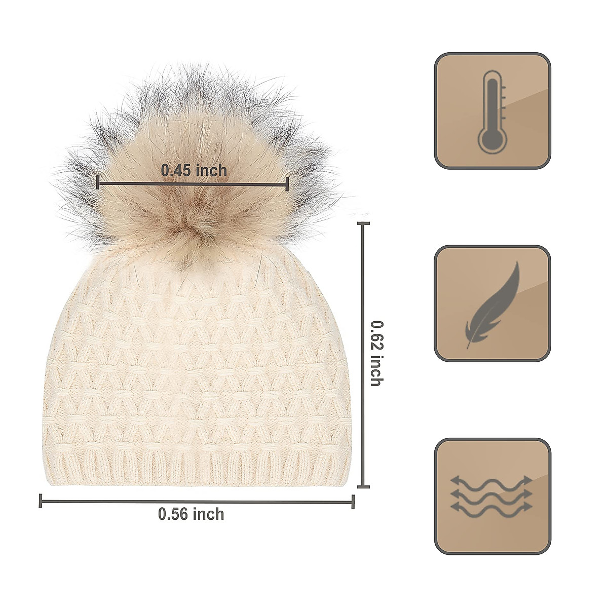 FXBSQF Women Double Cashmere Beanie,Pom Pom Beanie,Real Raccoon Bobble Beanie,Winter Warm Knitted Leisure Ski Cap,Detachable (White)