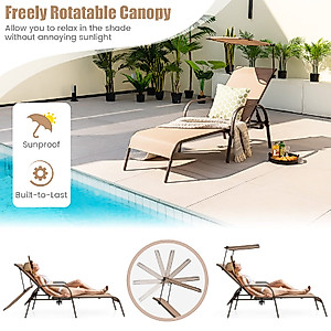 Giantex Patio Chaise Lounge Chair - Outdoor Beach Chair with Adjustable Canopy, Cupholder, 5-Level Backrest, Metal Frame Sunbathing Lounger for Outside, Poolside, Yard, Lawn Tanning Chair (1, Brown)