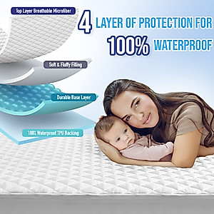 HYLEORY Queen Size Waterproof Mattress Pad Protector, Breathable Quilted Mattress Cover Noiseless Waterproof Fitted Sheet Mattress Topper Upto 21" Deep Pocket, White
