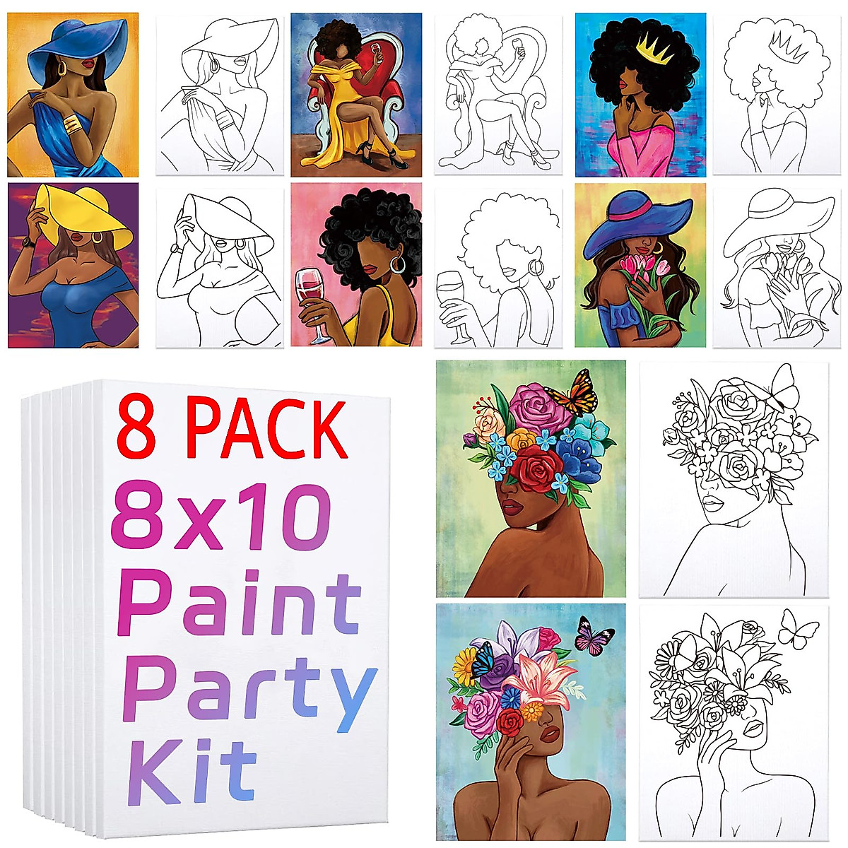 VALLSIP 8 Pack Pre Drawn Canvas for Painting for Adults Paint and Sip Party Supplies Canvas Painting Kits Stretched Canvas to Paint Games Ladies Night Art Set Anniversary Dating Game