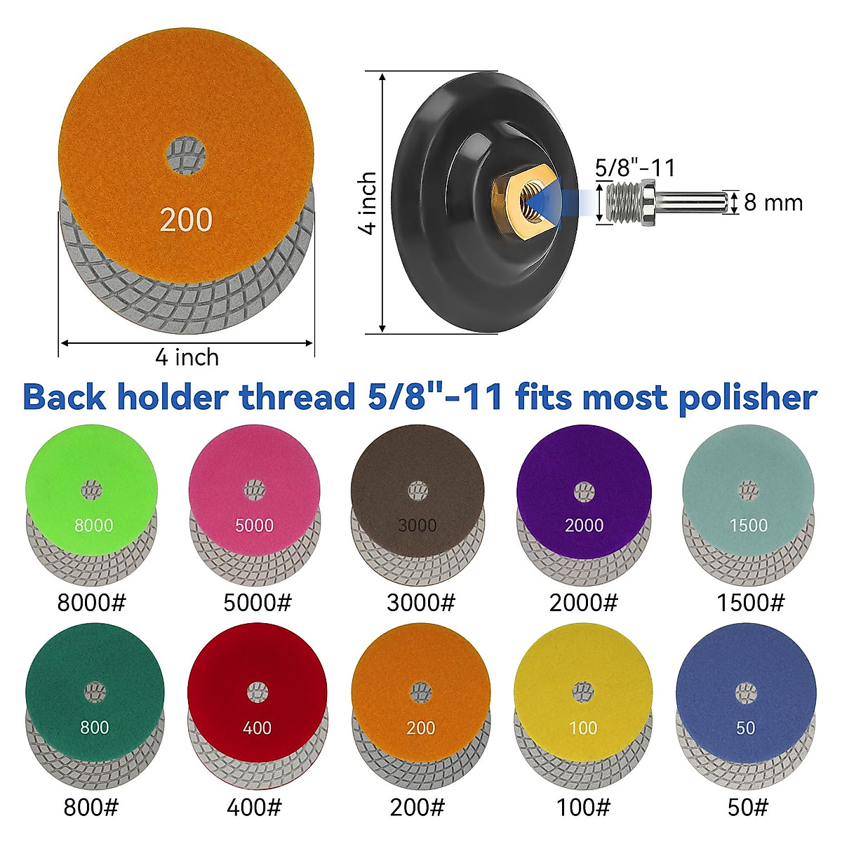TOOVEM 14 Packs 4 Inch Diamond Polishing Pads with 5/8"-11 Backer Pad, 12 PCS Wet/Dry Polish Pad Kit for Drill Grinder Polisher, 50-8000 Grit Pads for Granite Marble Stone Concrete Countertop Quartz