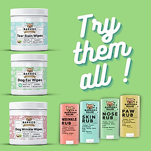 Dog Ear Cleaner Wipes + Nose Balm for Dogs | Bulldog, French Bulldog, Pug, English Bulldog, Cleans & Soothes Ears, Wrinkles, Folds, Tear Stain, Infection Treatment Cleaning + Snout Soother by Barkos