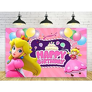 Princess Backdrop for Birthday Party Decorations, Princess Peach Background for Baby Shower Party Cake Table Decorations Supplies, Princess Peach Theme Banner, 5x3ft