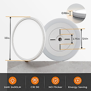 Matane 12 Inch LED Flush Mount Ceiling Light Fixture with Night Light, 24W 2400LM 3000K/4000K/5000K Selectable, Dimmable LED Ceiling Lights for Bedroom, Dining Room, Kitchen, Round White