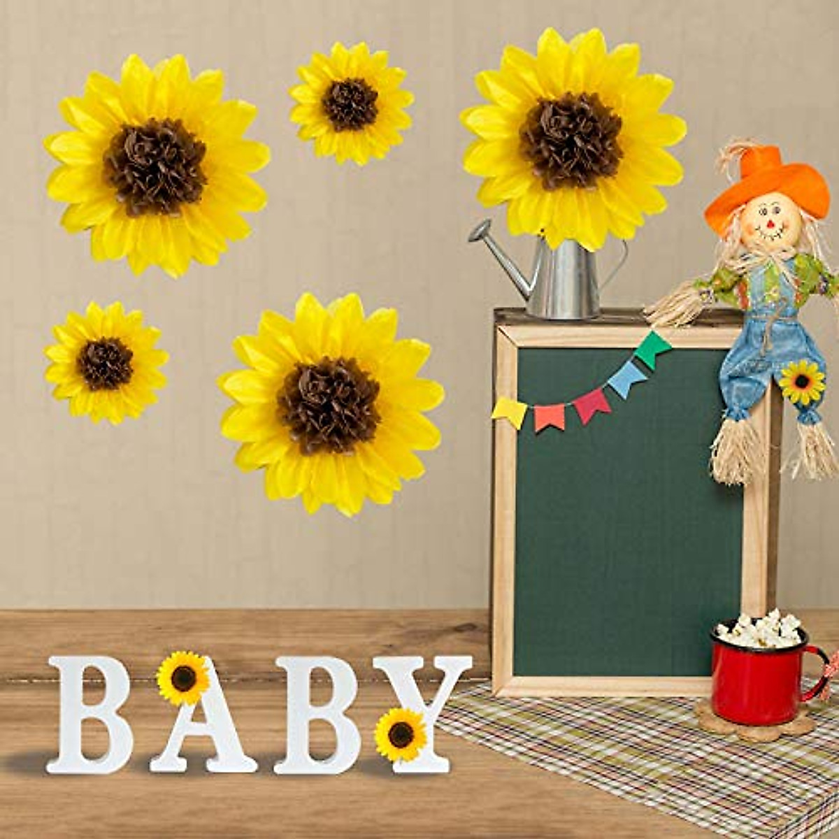 ANSOMO Sunflower Tissue Paper Pom Poms Décor Yellow Flowers Wall Hanging Party Decorations Birthday Bridal Baby Shower Wedding 12" 8" Pack of 10