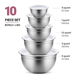 FineDine Stainless Steel Mixing Bowls Set with Lids, Home Kitchen Cooking Essentials Household Must Haves for Baking, 5 Pieces