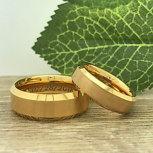 K & Co. 8mm/6mm Yellow Gold Plated Tungsten Wedding Ring, Personalized Couples Ring Set, His and Hers Tungsten Ring, Anniversary Rings TCR519 (Inside Engraving)