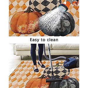 Thanksgiving Fall Outdoor Rug for Patio/Deck/Porch, Non-Slip Large Area Rug 6x9 Ft, Orange Black Pumpkin Fall Orange Plaid Indoor Outdoor Rugs Washable Area Rugs, Reversible Camping Rug Carpet Runner