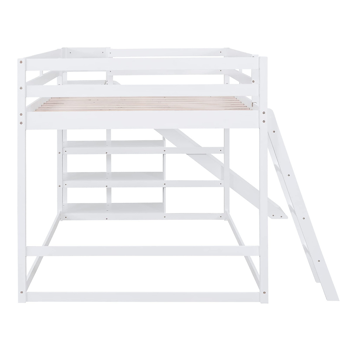 Harper & Bright Designs Full Over Full Bunk Bed with Slide, Bookshelves and Ladders, Solid Wood Floor Bunk Loft Bed Frame for Kids Girls Boys (White)