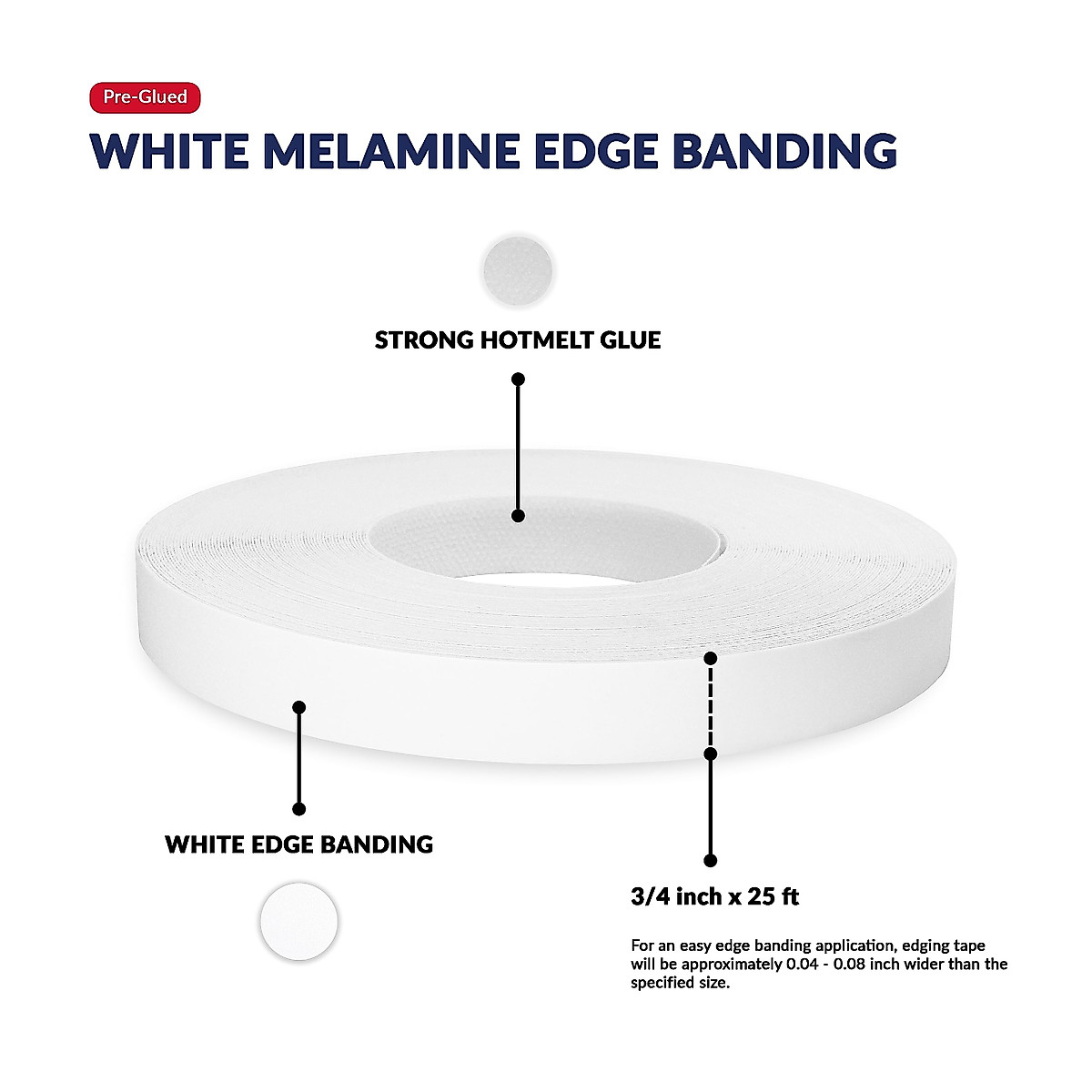 White Melamine Edge Banding 3/4 inch x 25 feet Iron On Adhesive Edging Cabinet Repair Laminate Shelf Table Plywood Mdf Board Formica Countertop Furniture Pre Glued Flexible Strip Wood Veneer Tape Trim