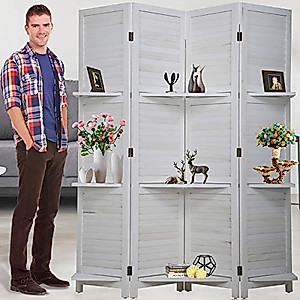 Room Dividers and Folding Privacy Screens 4 Panel 69 Inch Tall Portable Room Seperating Divider w/ 3 Display Shelves Solid Wood Room Partitions and Dividers Freestanding for Home, Office, Restaurant