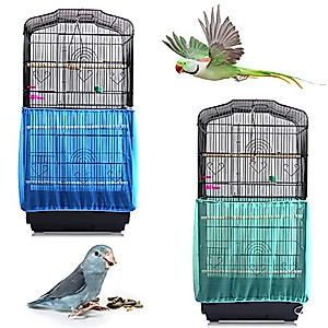 Daoeny 2Pcs Universal Bird Cage Cover, Adjustable Seed Feather Catcher, Soft Airy Nylon Mesh Parrot Net, Birdcage Cover Skirt Sheer Guard for Round Square Cages (Green+ Blue)