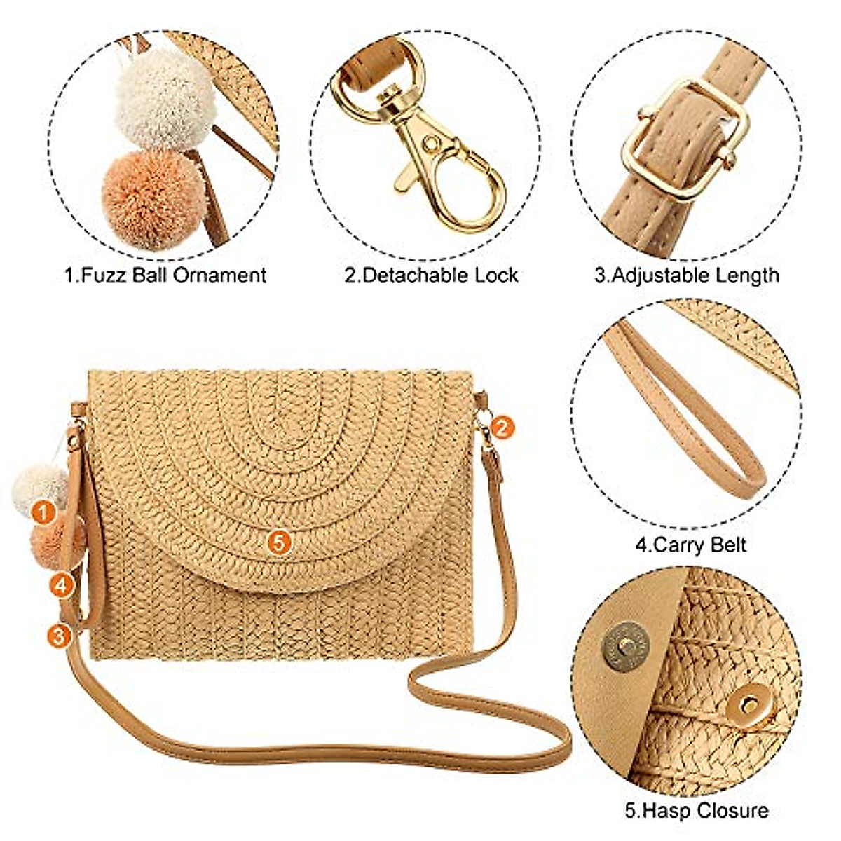 Frienda Straw Shoulder Bag Clutch Straw Crossbody Bag Beach Straw Handmade Bag Woven Rattan Bag for Women Envelope Wallet (Light Brown)