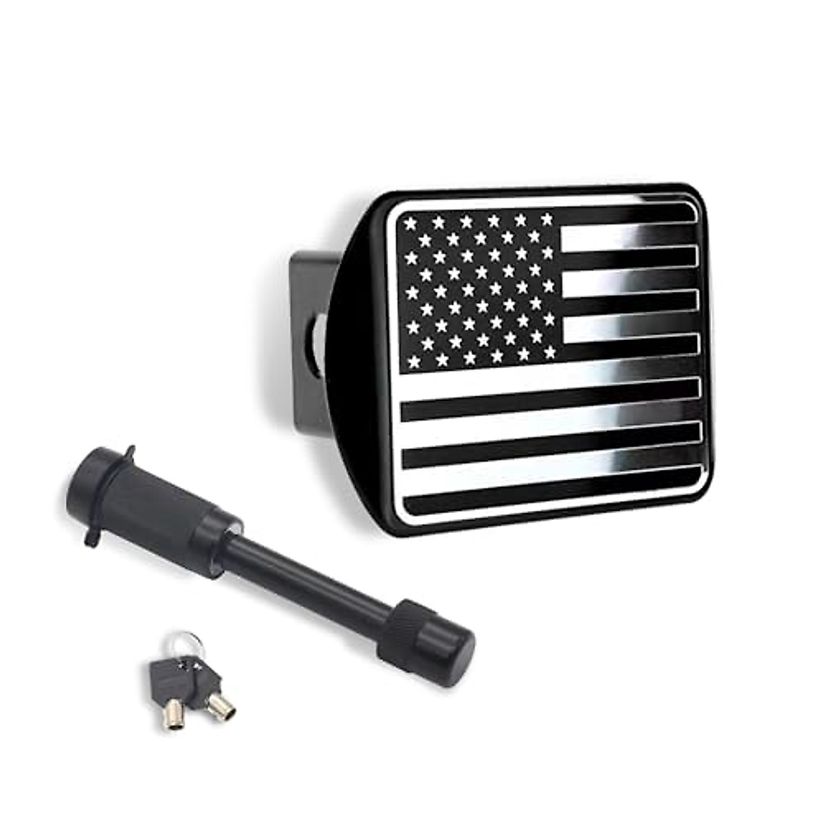 ZBGUN 2 PCS 3D American Flag Car Tow Hook Dust Plug for 2In Receivers, Anti-Theft Metal Trailer Protective Hitch Lock with 2 Keys, Universal Heavy Trailer Accessories for Cars SUVs Trucks (Silver)