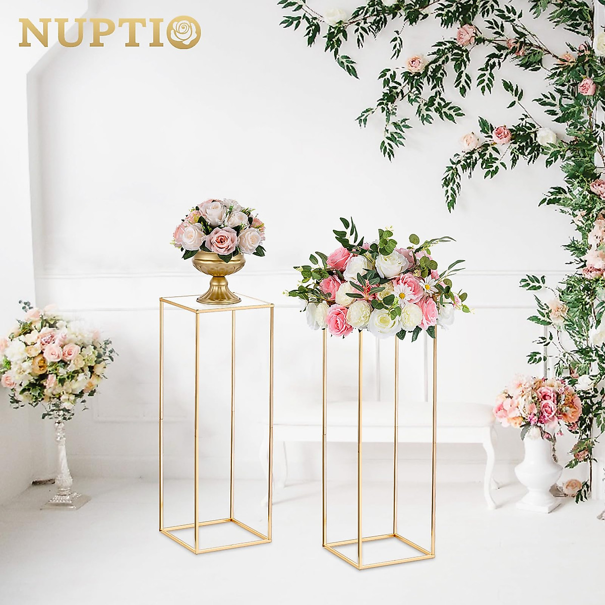 Nuptio 2 Pcs Metal Flower Floor Vase Column Flower Stand Geometric Centerpieces Vase for Tables, 80cm/31.5in Tall Gold Flower Holder for Home Party Wedding Decorations, Rectangular Flower Display Rack