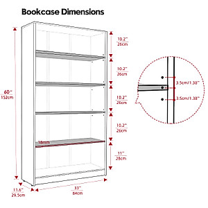 STARY 60 Inch Tall Bookcase,5-Shelf Bookshelf,Adjustable Shelves for Home Office,White